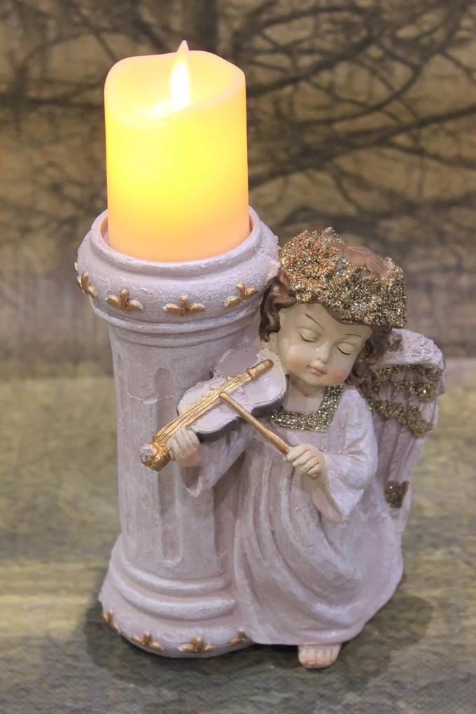 Růžově zlatý andílek s houslemi LED 18cm