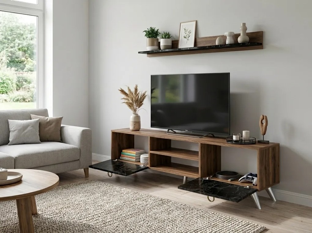 TV stolek ZEN 160 cm s nástěnnou policí, dekor ořech/černý mramor