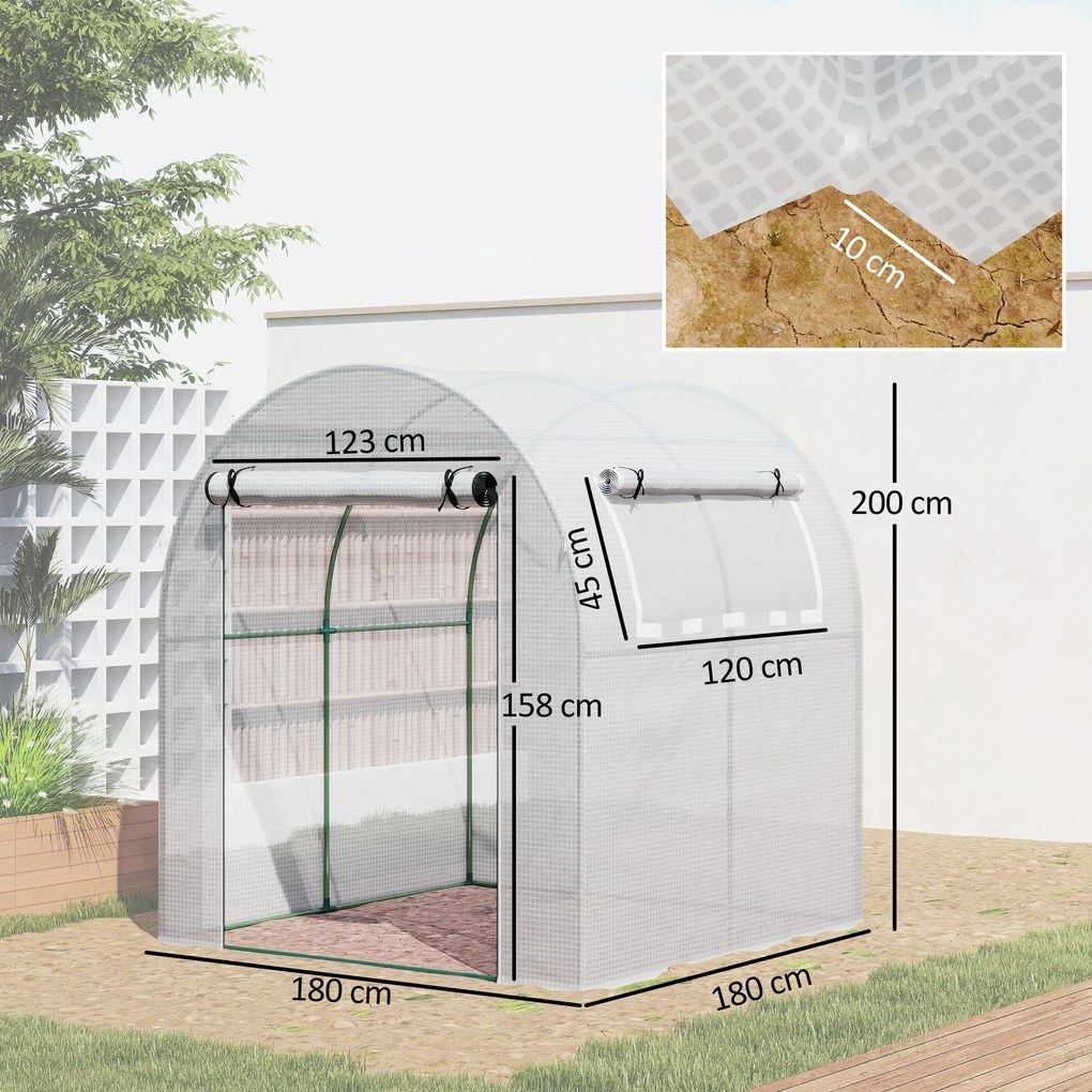 Zeleninový skleník Outsunny 180x180x200 cm Malý tunelový skleník s rolovacím dveřmi a oknem pro pěstování rostlin a květin Bílá