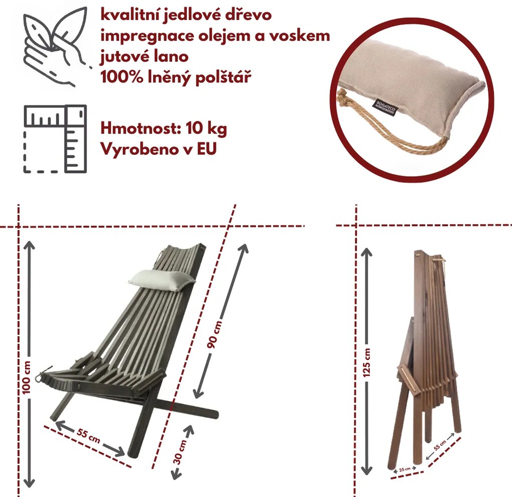 Vingo Skládací zahradní dřevěné křeslo s polštářkem - šedé