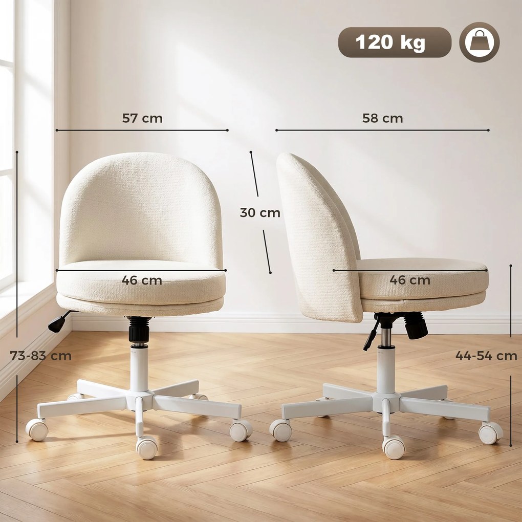 HOMCOM nastavitelná kancelářská židle – čenilový potah, náklon, 360° otočná, dvojvrstvý sedák, nosnost 120 kg, krémová