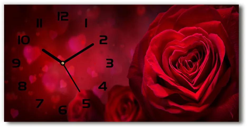 Wallmuralia Skleněné hodiny na stěnu Červená růže srdce 60x30 cm