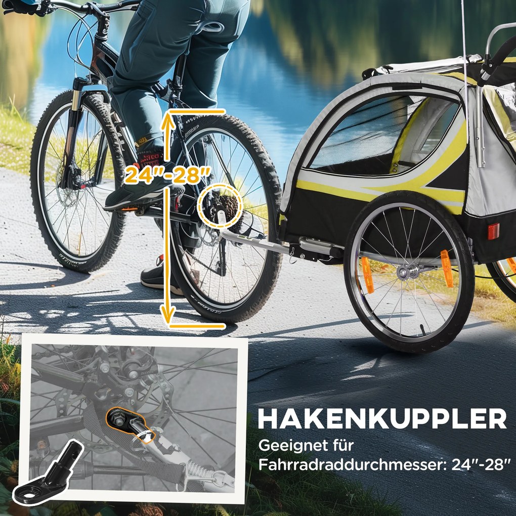 HOMCOM Dětský cyklistický přívěs 2 v 1 s odpružením, síťované dveře, přední kolo otočné o 360°, brzda, žlutá+černá, 142x75x101cm