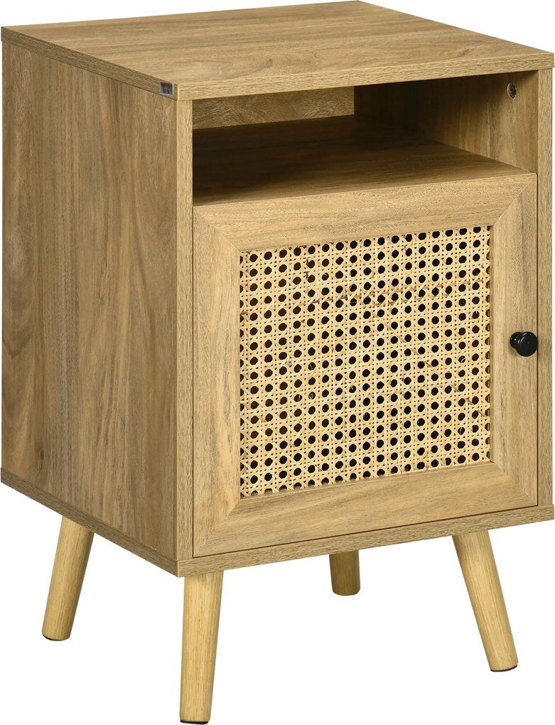 HOMCOM Noční stolek, Malý dřevěný noční stolek, Boho styl, se skříňkou a otevřenou policí, do ložnice, obývacího pokoje, 39x35x60 cm, Dřevěná barva |
