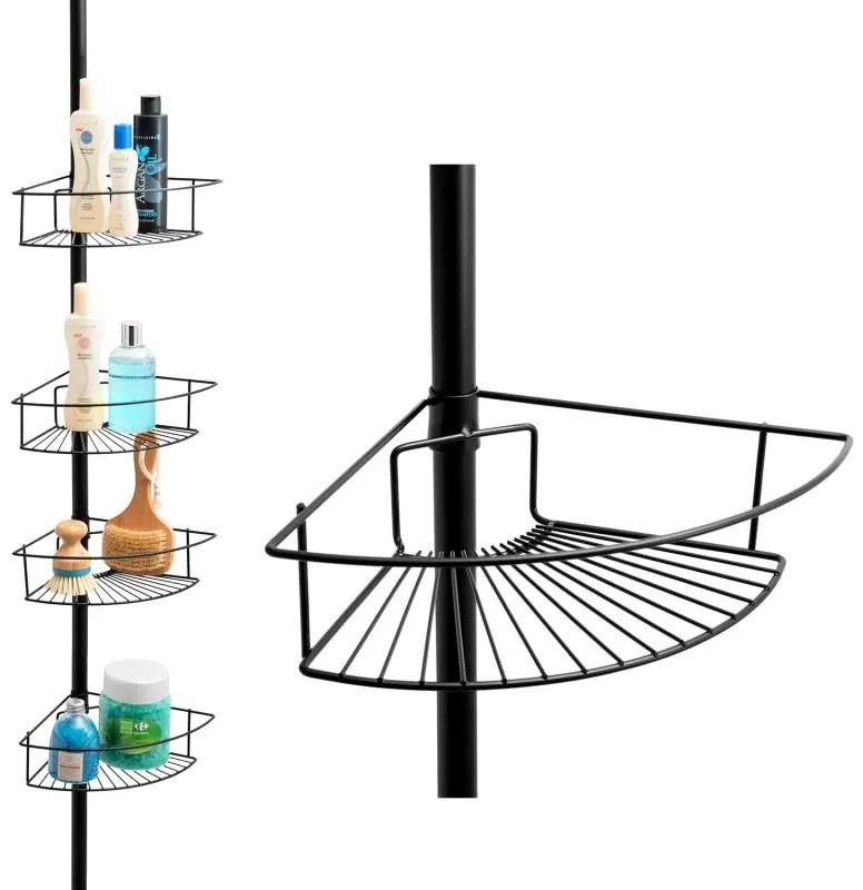 Erga Scopic, rohová teleskopická sprchová tyč 4 policová XL, černá matná, ERG-YKA-CH.SCOPIC-XL-BLK