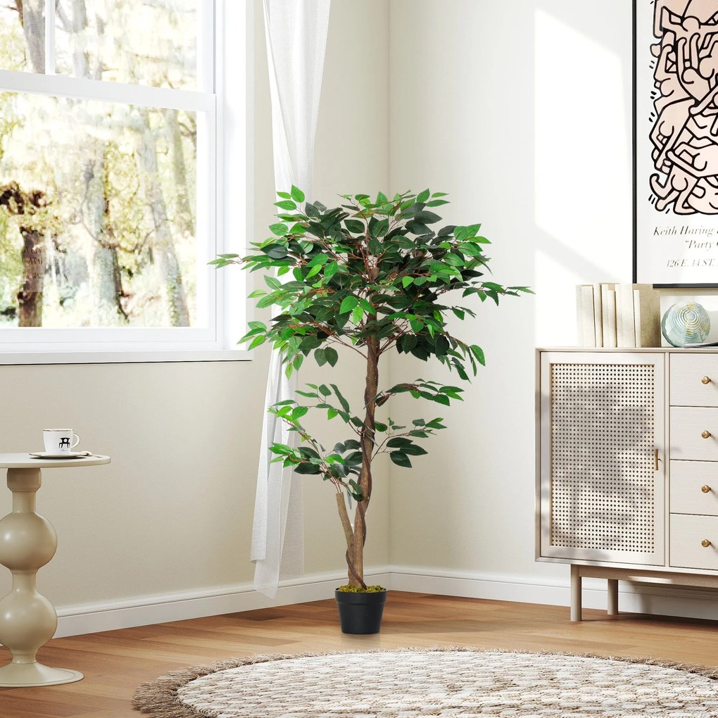 Umělý čajovník Outsunny, 120 cm, umělé stromky v dekorativním květináči pro interiér domova, obývací pokoj, kancelář Ø16x120 cm, zelený