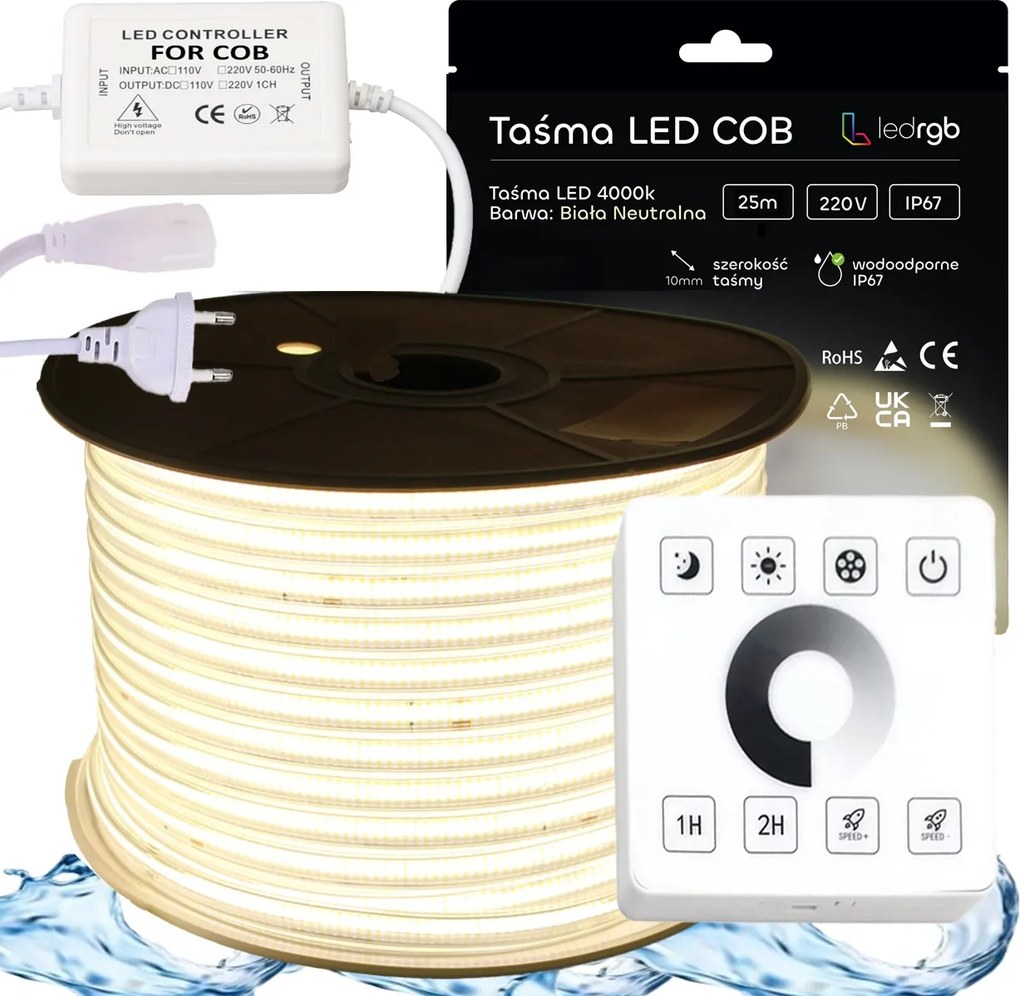 Set Led pásek Cob 230V 25m 4000K Bílý Neutrální Napájecí Zdroj Dálkový Ovladač Ster Rf
