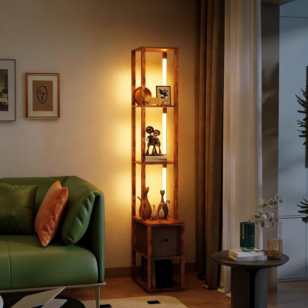 HOMCOM LED stojací lampa s policemi, nastavitelný jas, nožní spínač pro ložnici, rustikální hnědá