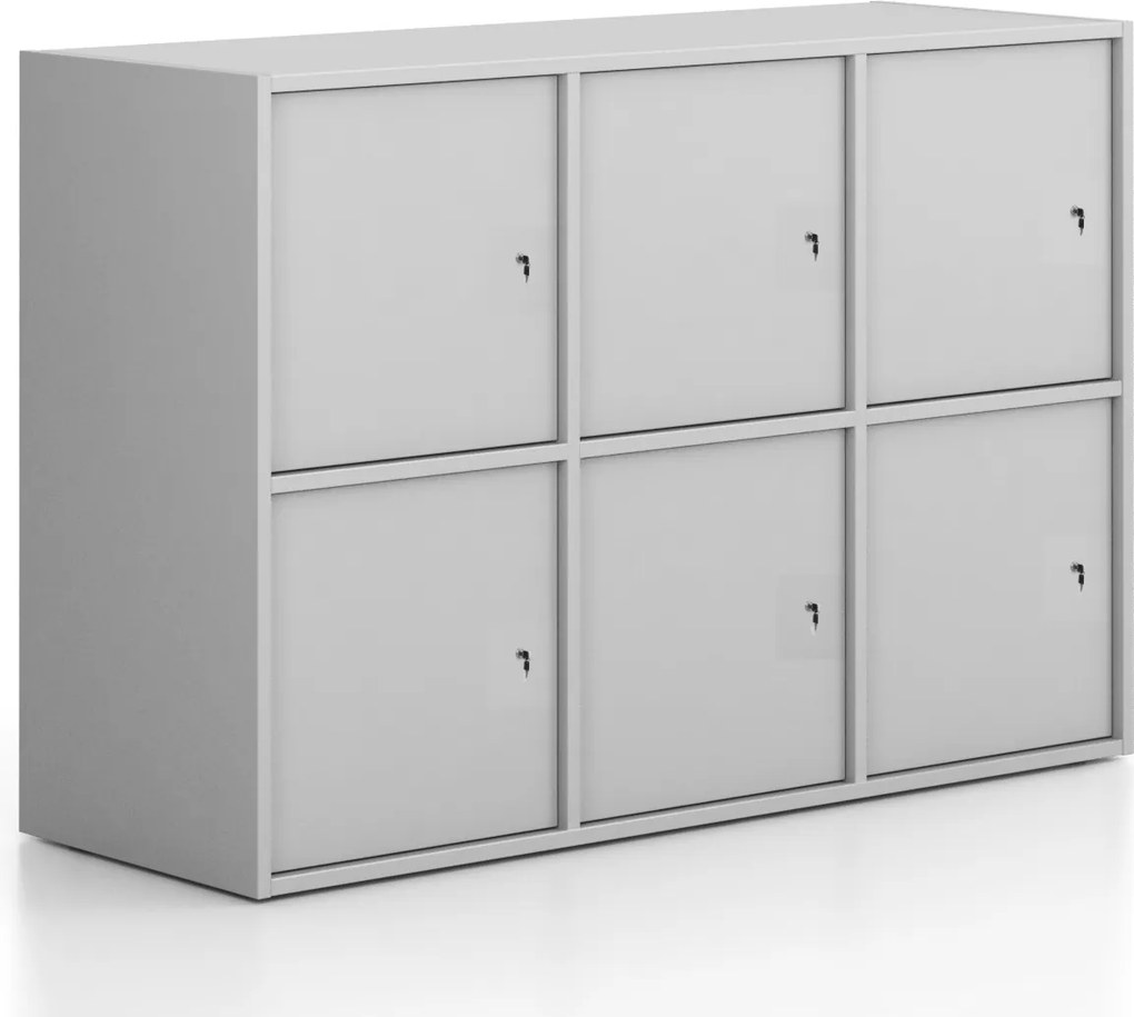 Kancelářská skříň FRAME, nízká, 6x dveře, 1299 x 450 x 881 mm, cylindrický zámek, šedá