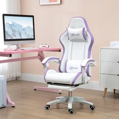 Herní židle Vinsetto ergonomická s opěradlem naklápěným až do 135° a bederní opěrkou, 65 x 121-129 cm, bílá