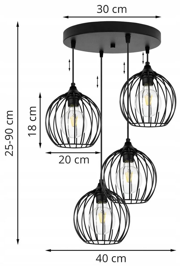 Závěsné svítidlo Toronto, 4x černé drátěné stínítko,