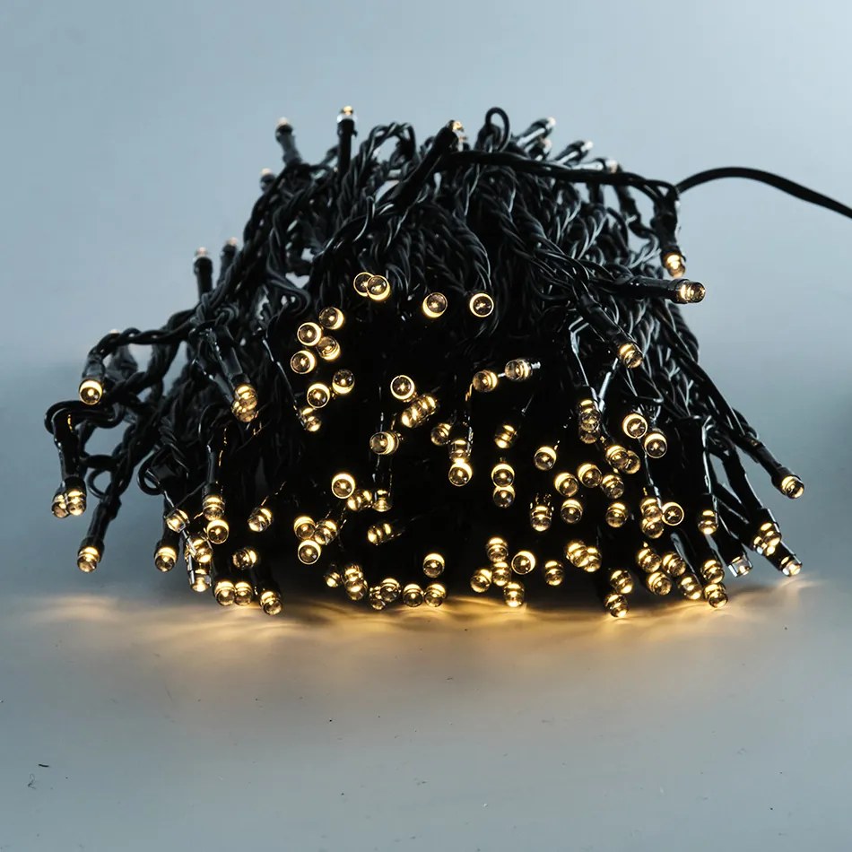 LED venkovní solární světýlka na zahradu, 20 m, teple bílá, 200 diod, černý kabel, IP44, solární panel