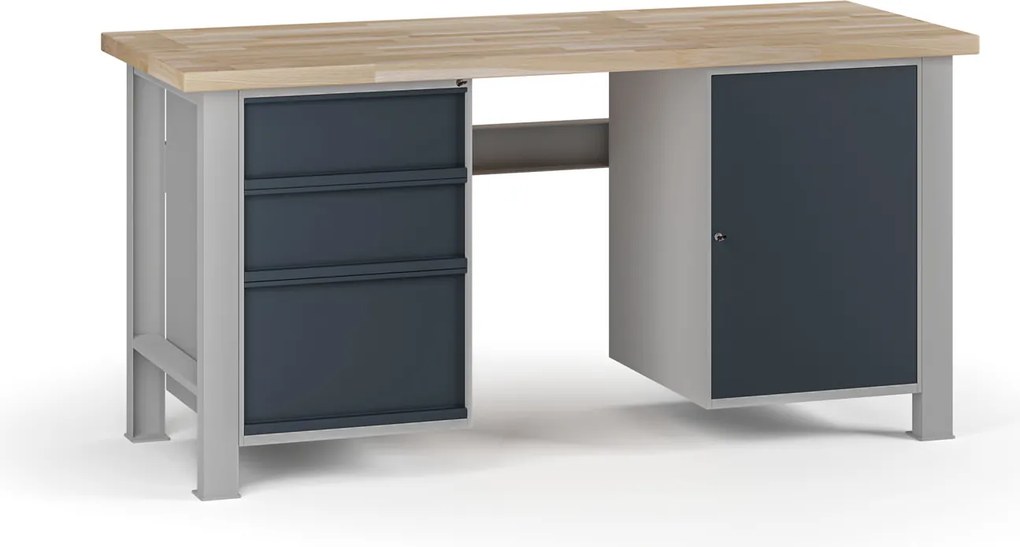Dílenský pracovní stůl G7, buková spárovka, 1700 x 685 x 840 mm, 1x skříňka, 3 zásuvky, grafit