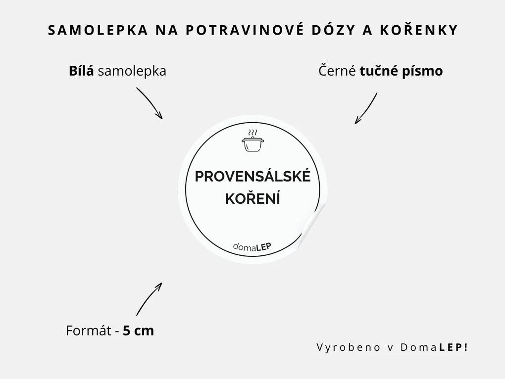 PROVENSÁLSKÉ KOŘENÍ - omyvatelná samolepka na kořenky, výběr rozměrů Ø 5 cm / 5 x 5 cm / 6 x 8 cm | DomaLEP tvar: OBDÉLNÍK, barva: BÍLÁ - ČERNÉ písmo, velikost: š. 6 cm x v. 8 cm - tučné písmo