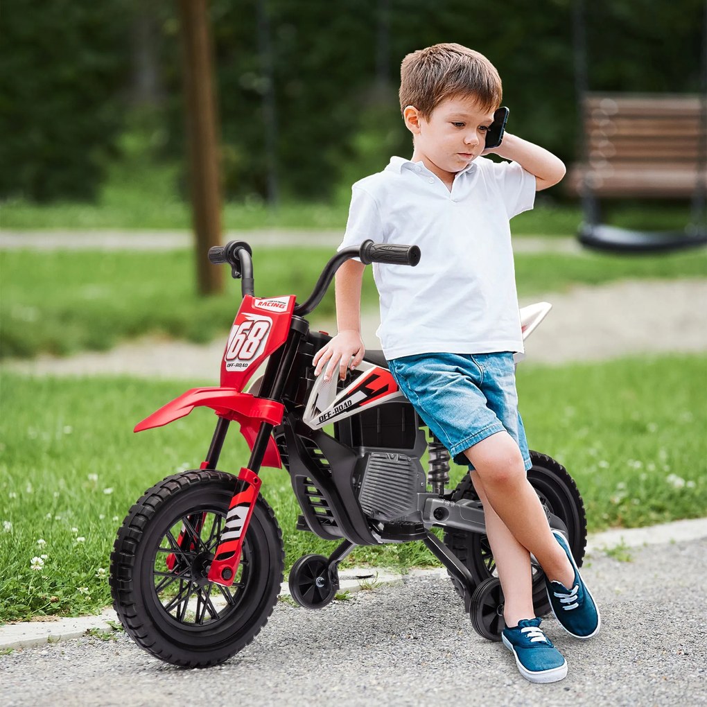 Dětská elektrická motocross motorka AIYAPLAY pro děti 3-6 let, 12V, 2 silné motory, maximální rychlost 5 km/h, stabilizační kolečka, pérování, s hudbo