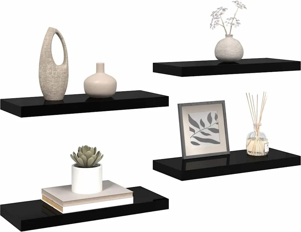 Plovoucí nástěnné police 4 ks lesklé černé 60x23,5x3,8 cm MDF 323771