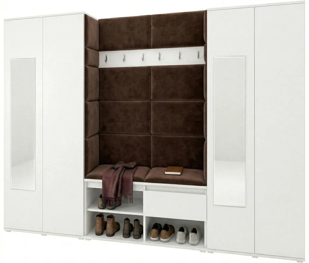Předsíňová stěna Trinity 10 s čalouněnými panely, 280 cm, bílá / hnědá
