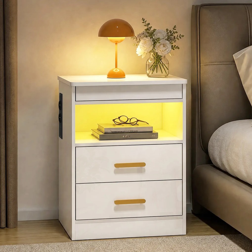 HOMCOM Noční stolek, přídavný stolek s nabíjecí stanicí a RGB LED osvětlením, vysoký lesk bílá