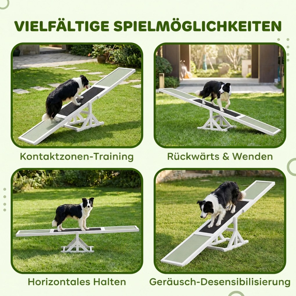 PawHut houpačka pro psy, dřevěná houpačka pro agility, protiskluzová rampa pro psy do 30 kg, pro rovnováhu, 180 x 30 x 30 cm Bílá