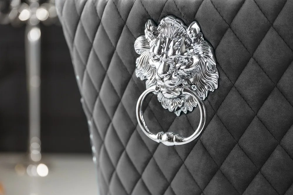 Designová židle Queen Lví hlava samet šedá - skladem