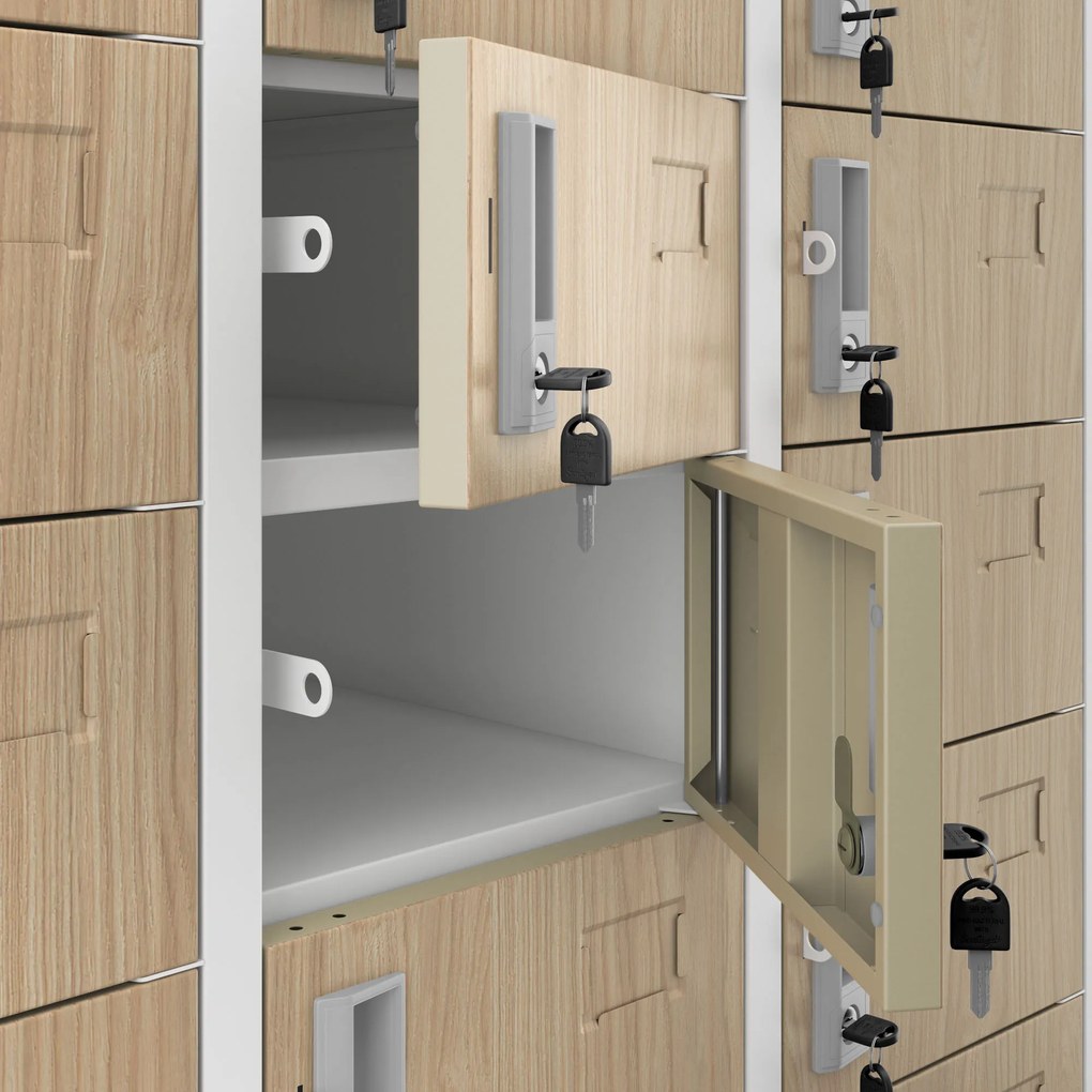 Depozitní skříňka s 33 uzamykatelnými boxy, bílá / dub sonoma, 900x1850x450 mm: OLIVER Eco Design