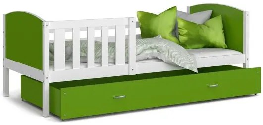 Dětská postel TAMI P 80x190 cm s bílou konstrukcí v zelené barvě se šuplíkem