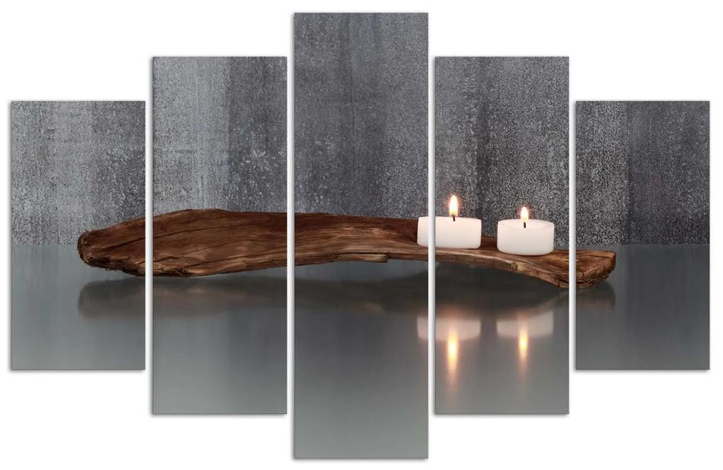 Gario Obraz na plátně Zenová kompozice se svíčkami a dřevem - 5 dílný Rozměry: 100 x 70 cm