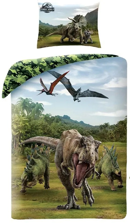 Bavlněné povlečení 140x200 Jurský svět Jurský park dinosauři T-Rex moro 6237 povlak na polštář 70x90 Děti 12 Halantex