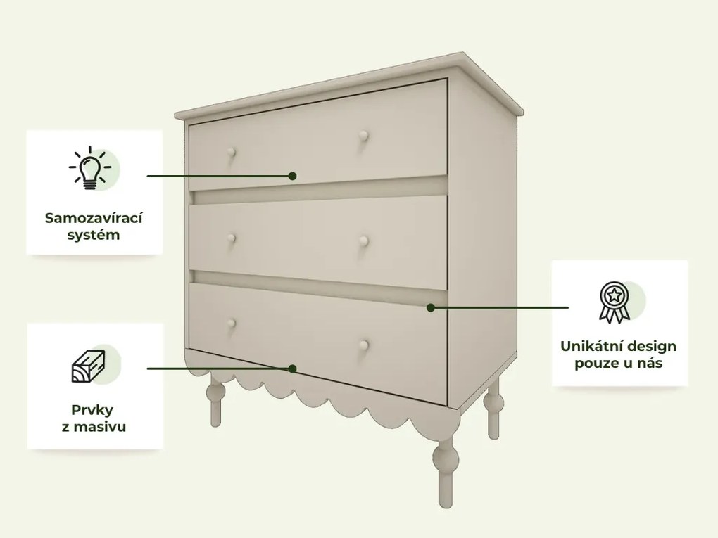 Úložná komoda se třemi šuplíky do dětského pokoje BABUSHKA olivová