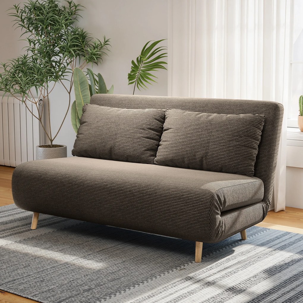 HOMCOM Rozkládací pohovka, přistýlka pro hosty, 3stupňově nastavitelná opěrka zad, kordová úprava, do 120 kg, 141 x 90 x 81 cm, tmavě hnědá