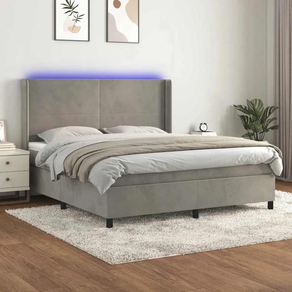 Box Spring Postel S Matrací A Led Samet Světle Šedá Hladký design 180 x 2