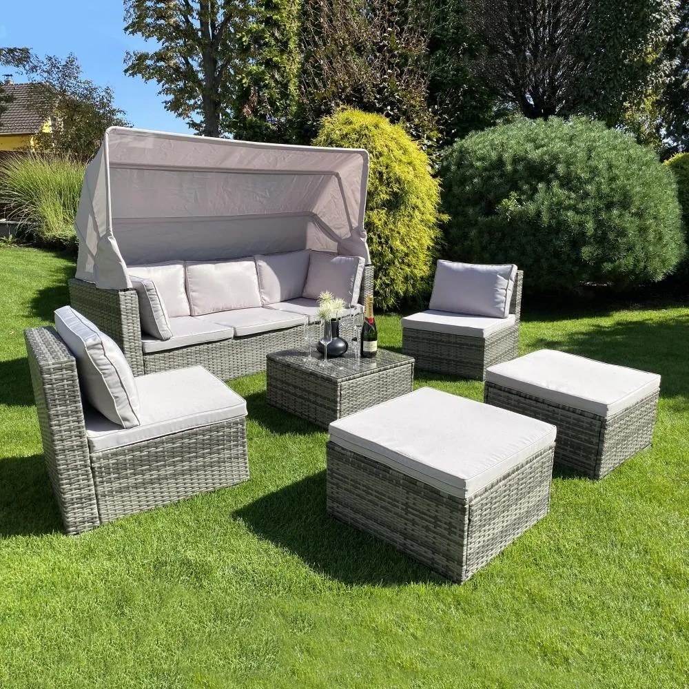 Ratanový sofa set se skládací stříškou BELVEDERE - Šedá/Šedá