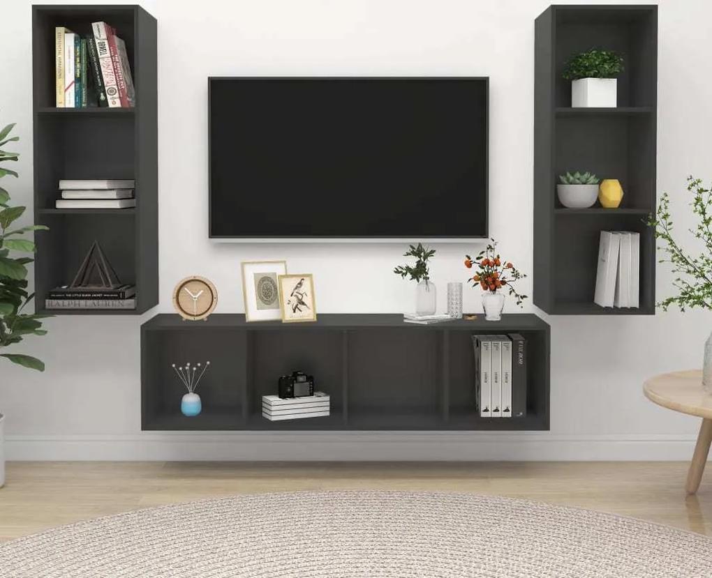 vidaXL 3dílný set TV skříněk dřevotříska [3079749] Barva: šedá s vysokým leskem
