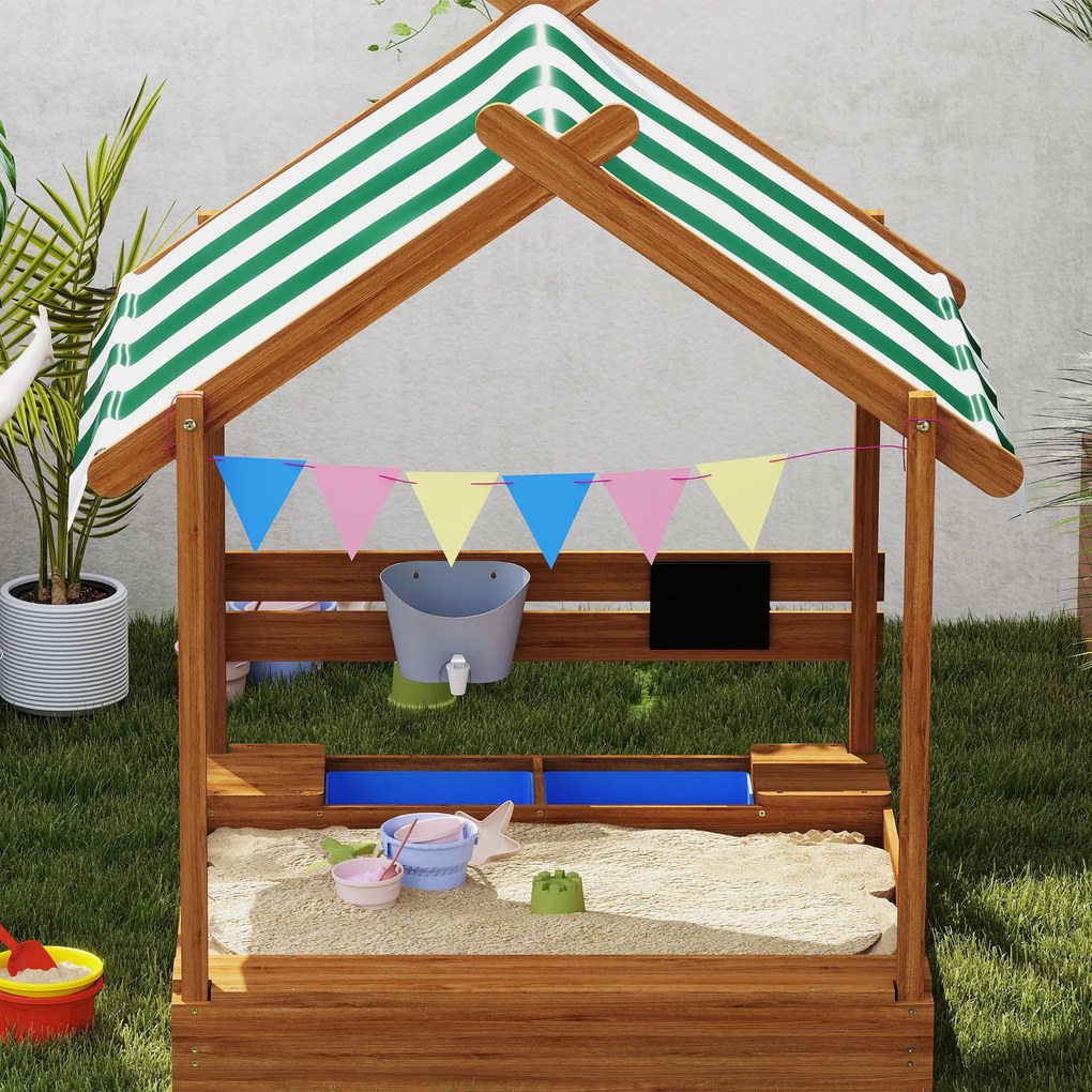 Outsunny Pískoviště s ochranou proti slunečnímu záření, design domečku na hraní, se sadou hraček, opracované masivní dřevo, 124 x 116 x 146 cm, zelen…
