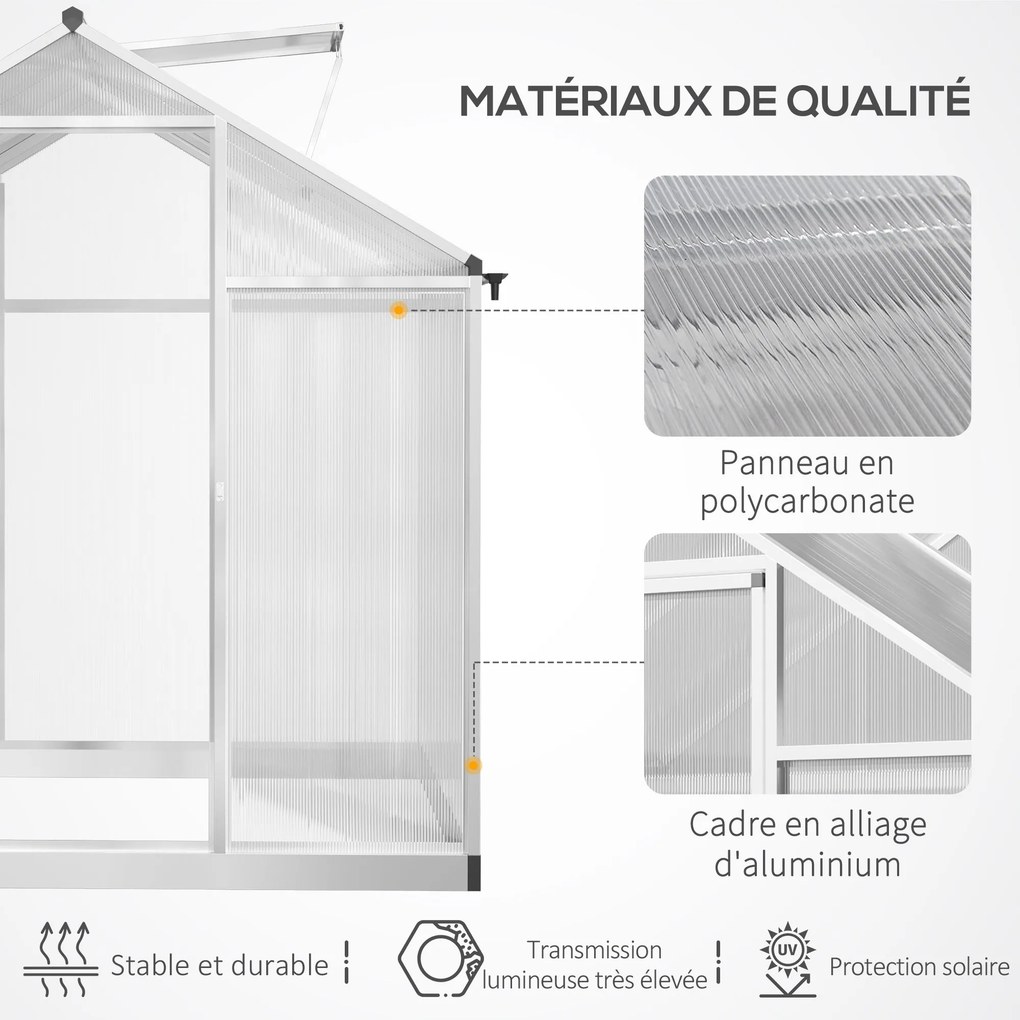 Zahradní skleník Outsunny z hliníku a polykarbonátu 4,6 m² rozměr 2,42D x 1,9Š x 1,95V m s dveřmi na zámek a oknem