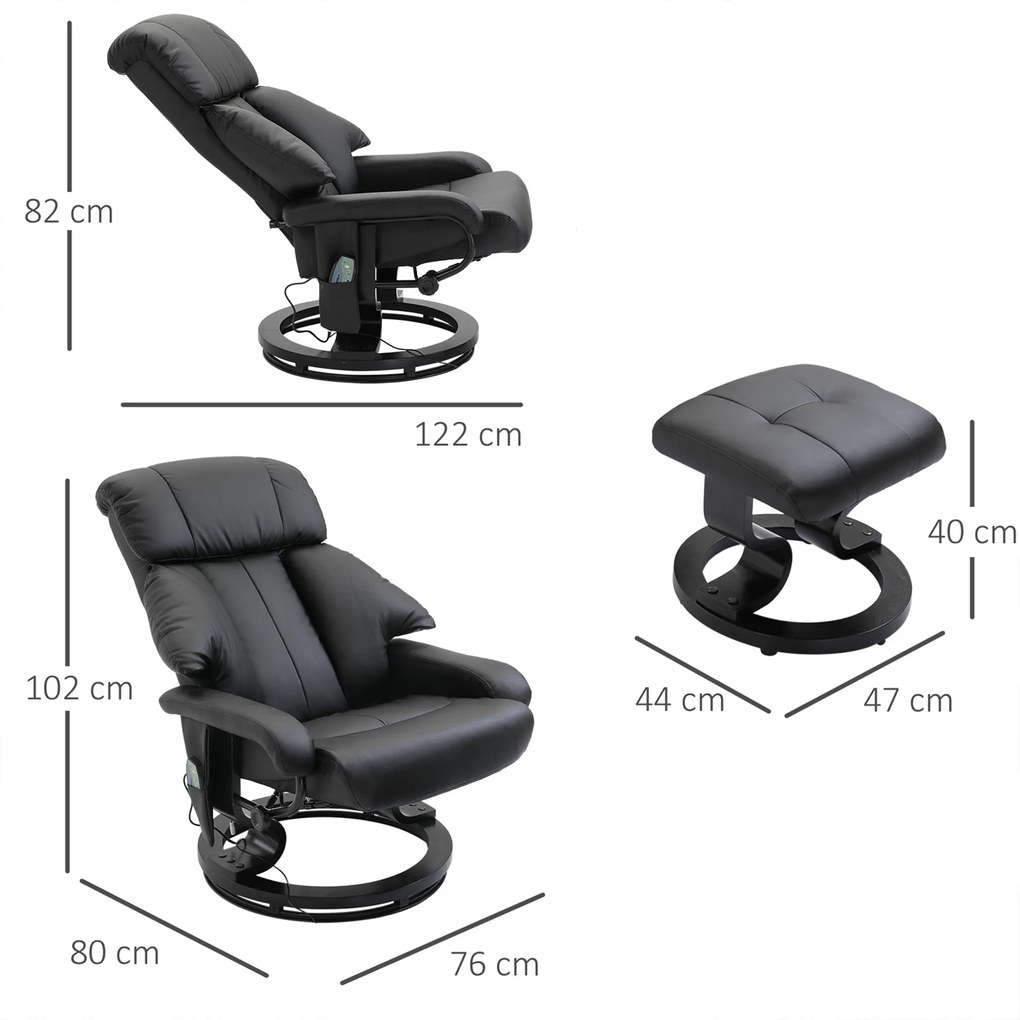 Televizní křeslo HOMCOM s funkcí polohování, hluboké čalounění, vysoký opěrák a područky, otočné o 360°, imitace kůže, 76L x 80W x 102H cm, černá