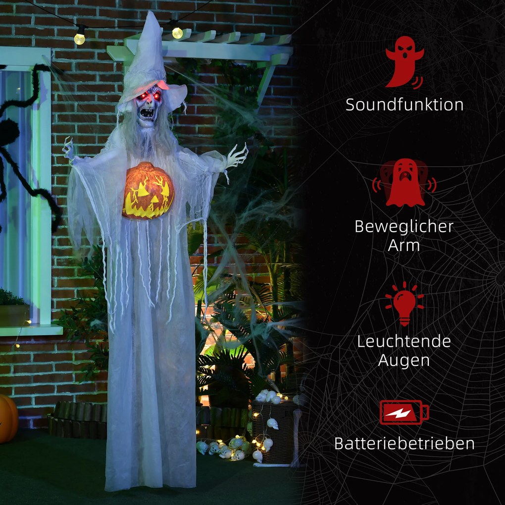 HOMCOM Halloween duch, Halloween dekorace, zvuková funkce, s pohybovým senzorem a LED světly, 60 cm x 18 cm x 183 cm