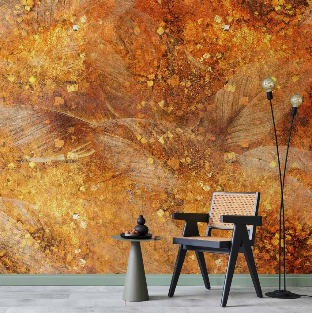 Fototapeta Abstrakce s leskem - zlatá kompozice s vzorem světlých listů