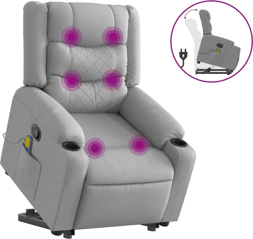 Zvedací masážní polohovací křeslo světle šedé textil 3206576