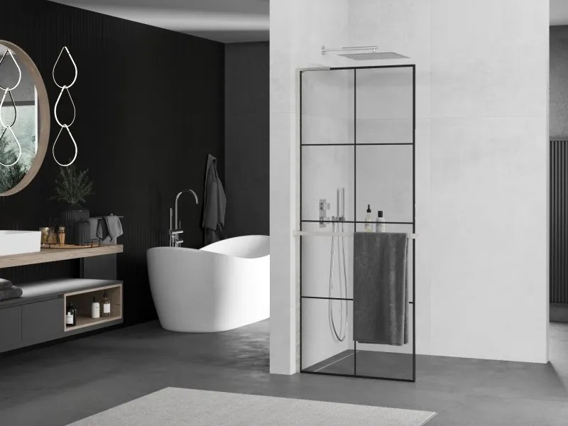 Mexen Kioto+ L, sprchová zástěna Walk-In s poličkou a věšákem 70 x 200 cm, 8mm čiré sklo černý vzor, broušená ocel profil, 800-070-123-97-77