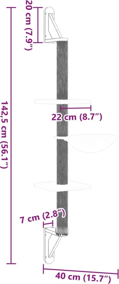 Nástěnné škrabadlo pro kočky se sloupkem světle šedé 142,5 cm 172396
