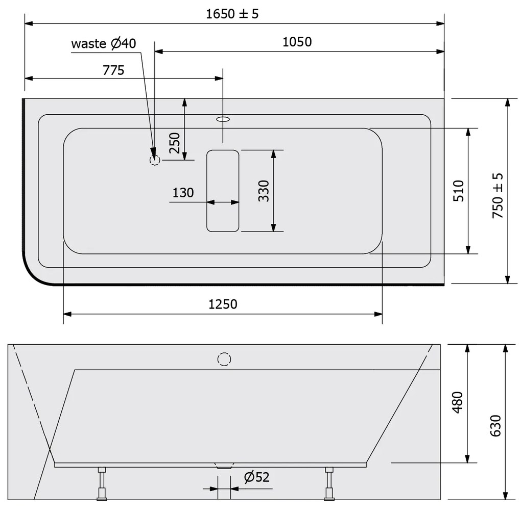 Polysan MARLENE CURVE R MONOLITH obdélníková vana 165x75x63cm, bílá, 72403MCR