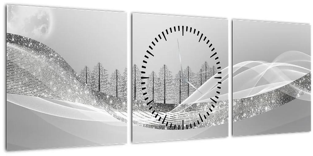 Obraz - Stříbrná krajina (s hodinami) (90x30 cm)