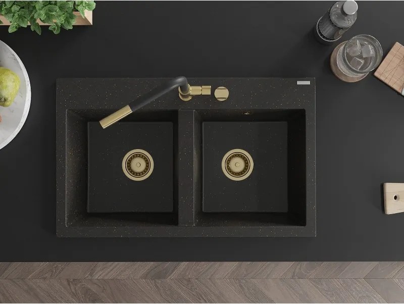 Mexen Hektor, 2-komorový granitový dřez 800x480x205 mm, černá-zlatá metalíza, zlatý sifon, 6521802000-75-G