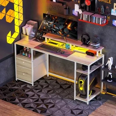 HOMCOM počítačový stůl s nastavitelným LED osvětlením, 2 zásuvky, USB porty, zásuvky, police, 155,5x48x88,5 cm, vzhled přírodního dřeva