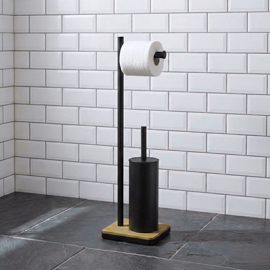 WC štětka s držákem na toaletní papír a bambusovou podložkou IVLO, 65 cm – černá