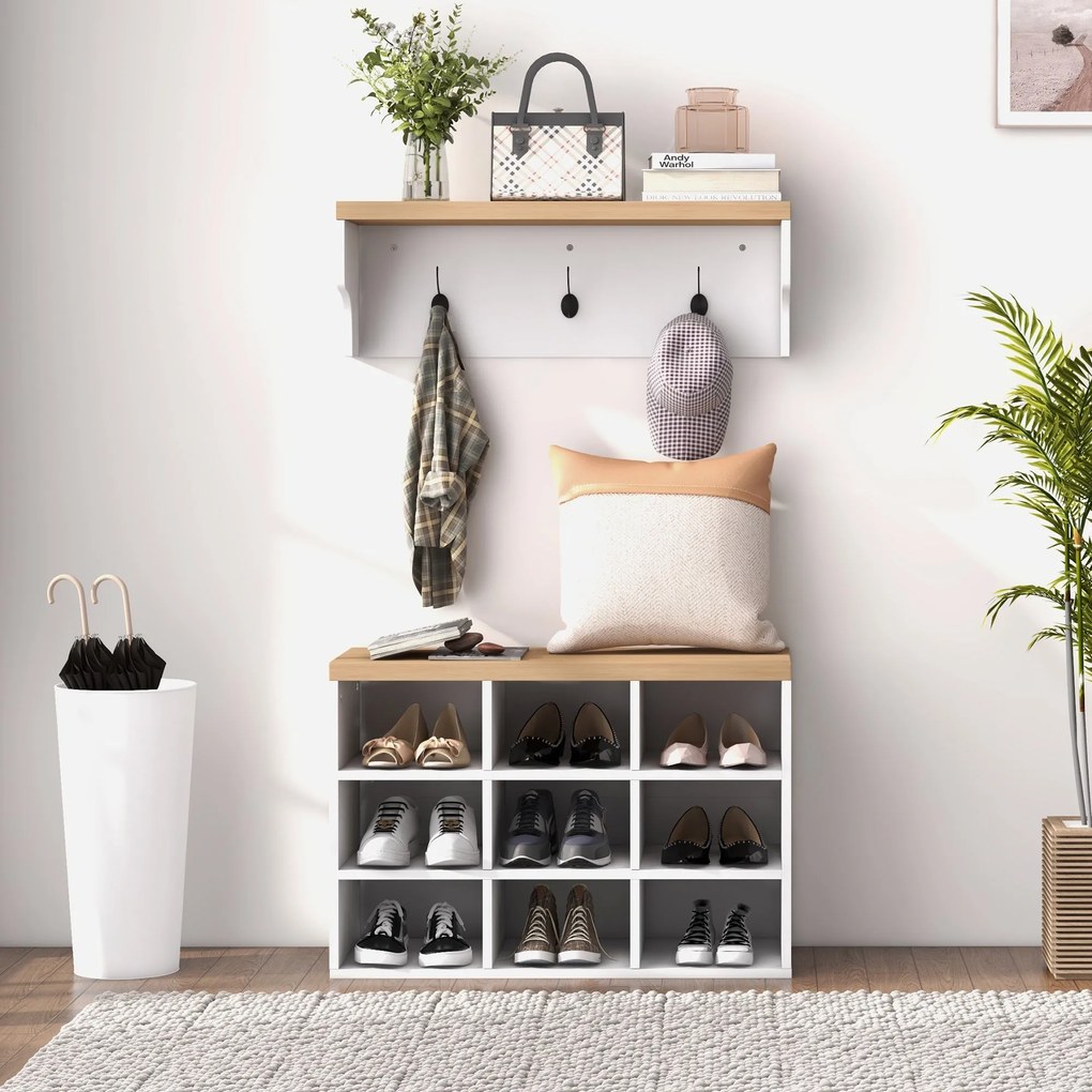 HOMCOM Stojan na kabáty a botník 2 v 1 - Vstupní nábytek se 3 háčky a policemi pro 9 párů bot 75x30x50 cm a 75x20x22,5 cm Bílý