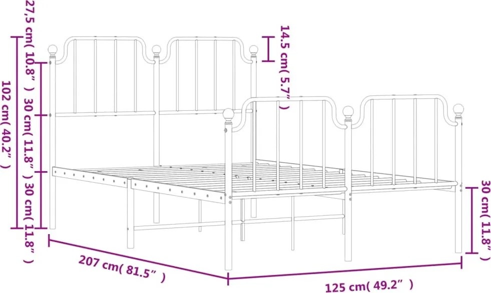 vidaXL Kovový rám postele s hlavovým a nožním čelem 120 x 200 cm [373903] Barva: Bílá