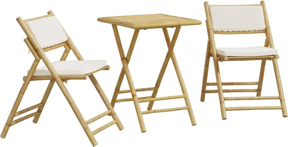 3dílný skládací bistro set s krémově bílými poduškami bambus 3208933