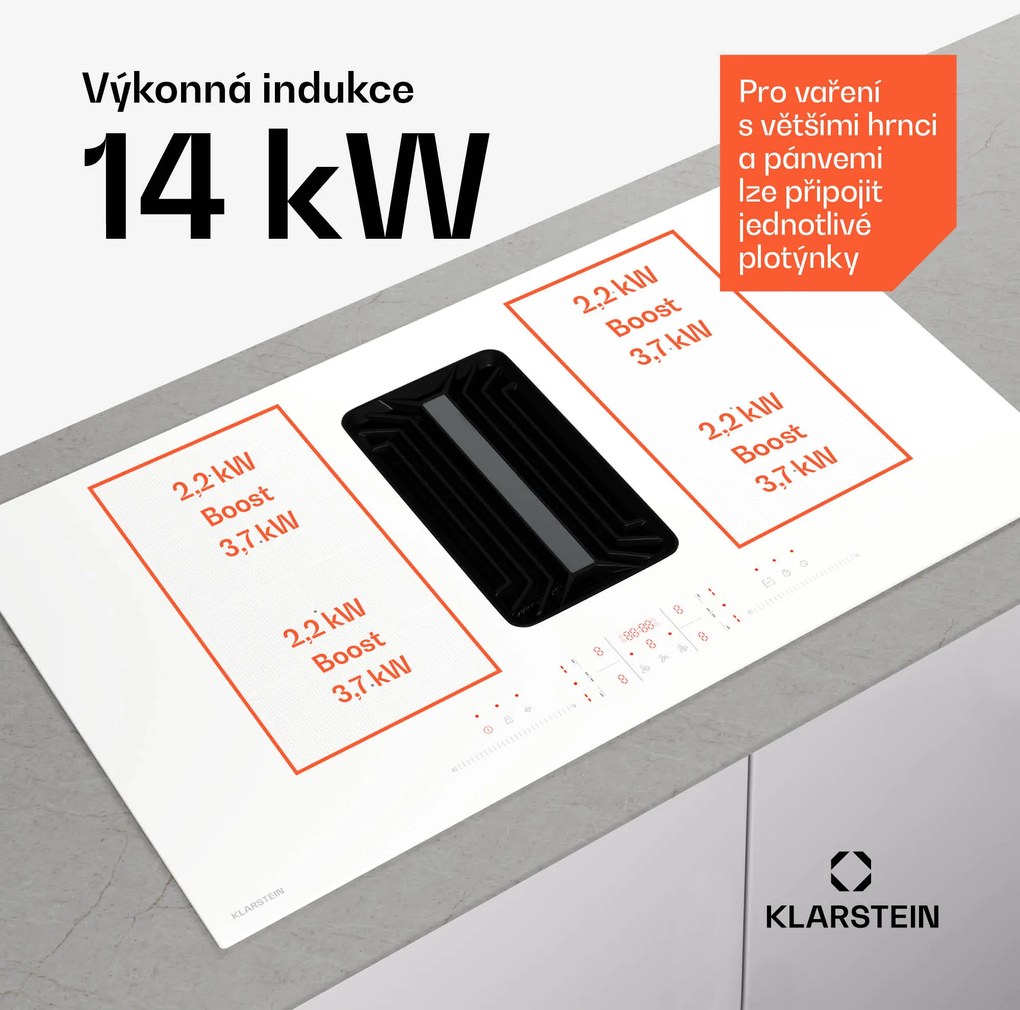 Klarstein AirJet FlexPro Down Air System, Indukční varná deska + digestoř, Flexi zóna, Booster